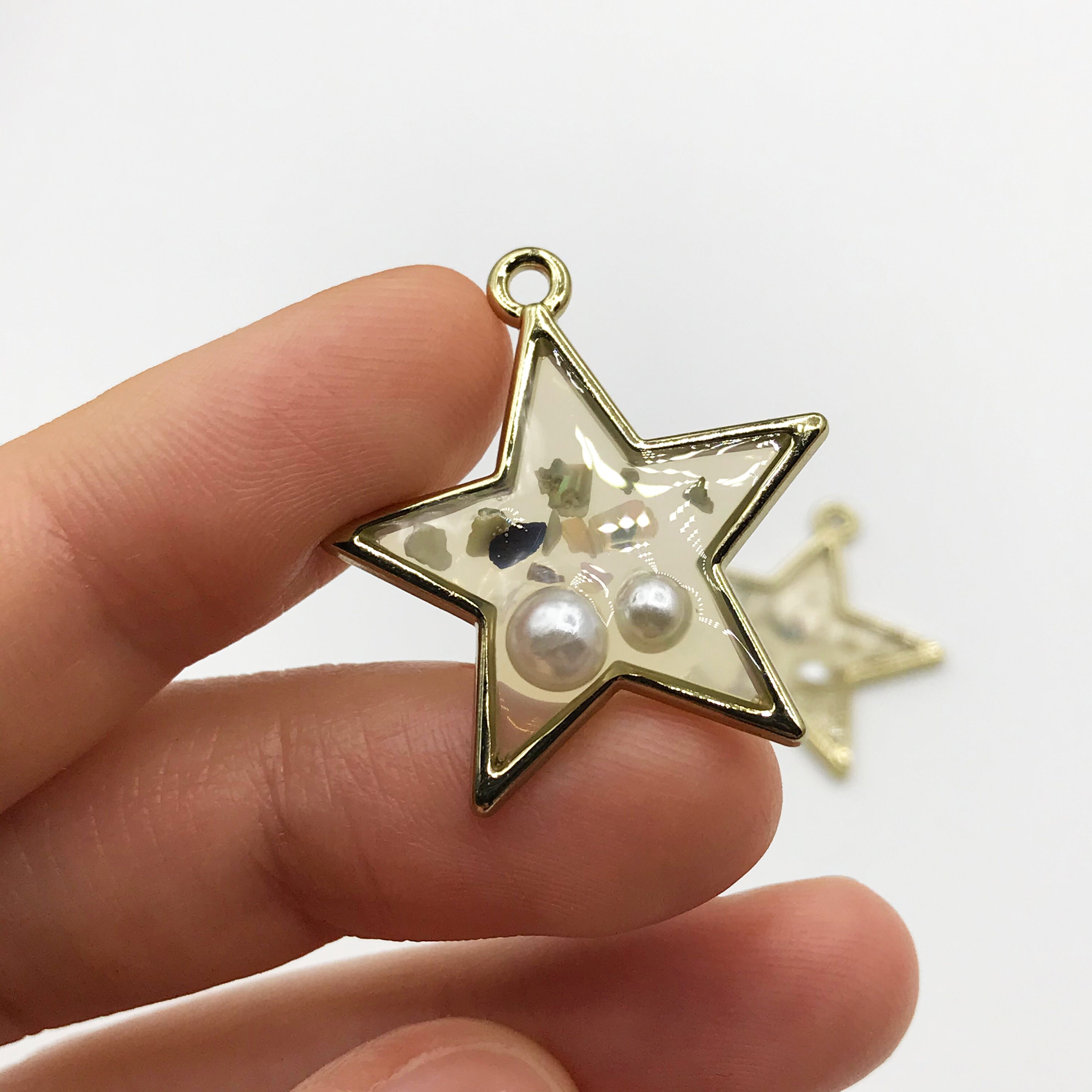 Shiny Gold Plated Star Shaped Clear Epoxy Resin Charm With Faux Pearls ...