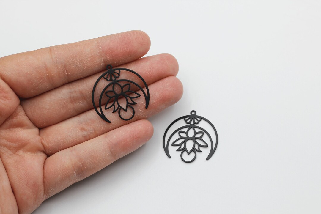 Black Plated Crescent Lotus Charm, Steel Lotus Charm, Laser Cut Stainless Steel Earring Charms ...