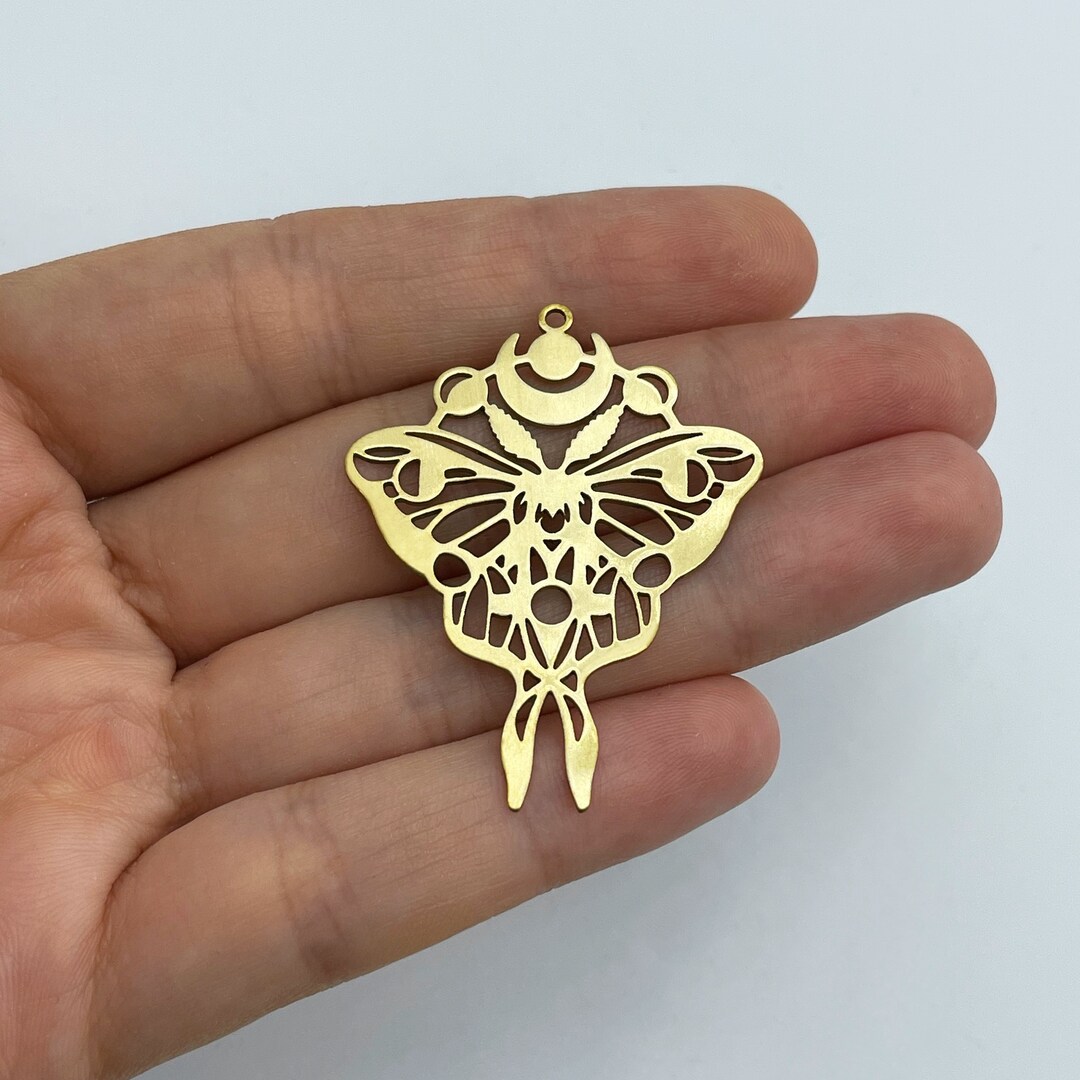 Raw Brass Moth Charm, Moth Pendant, Crescent Moon Moth Charm, Brass ...