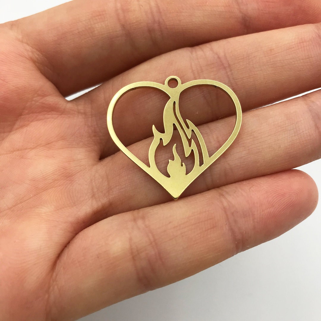 6 Pcs Raw Brass Heart on Fire Necklace Pendant, Flaming Heart Charm ...