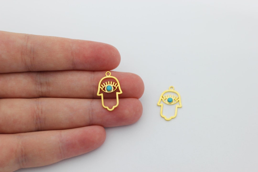 Shiny Gold Plated Hamsa Charms, Evil Eye Hamsa Charms, Blue Beaded Evil ...