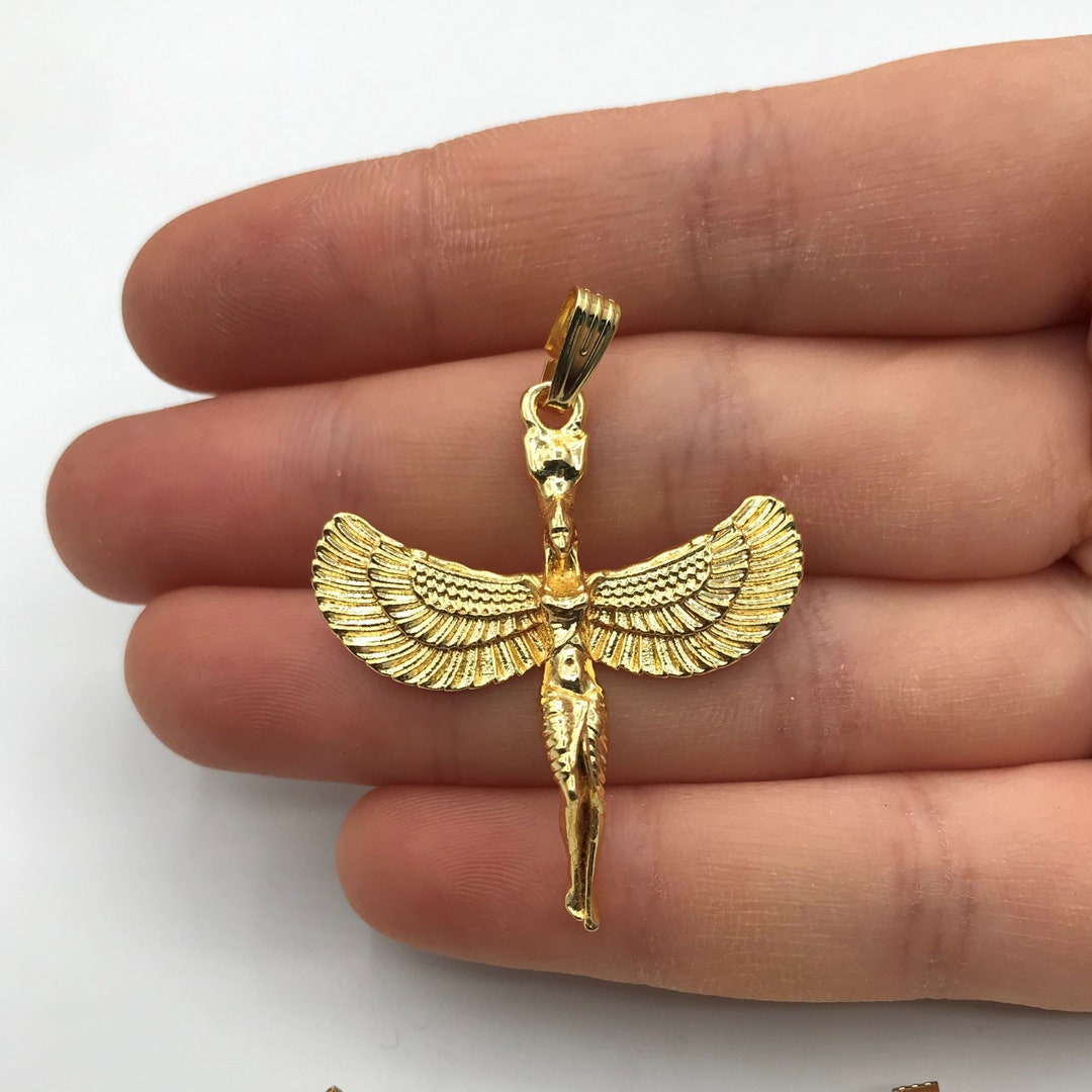 Gold Plated Winged Goddess Isis Necklace Pendant, Ancient Egypt Charm ...