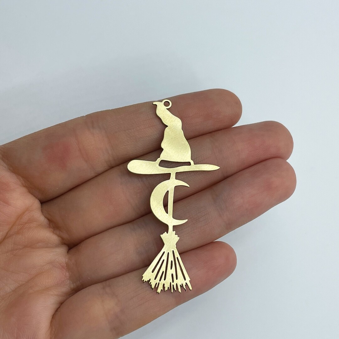 2pcs Raw Brass Broom Charm Pendant, Witch Broom Broomstick Crescent ...