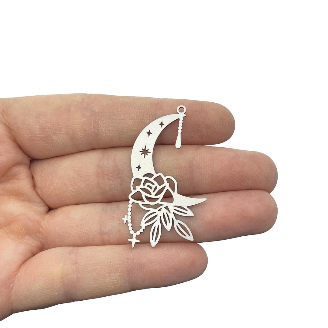 Stainless Steel Crescent Moon Flower Charm, Celestial Earring Charms, Moon and Stars Charm ...
