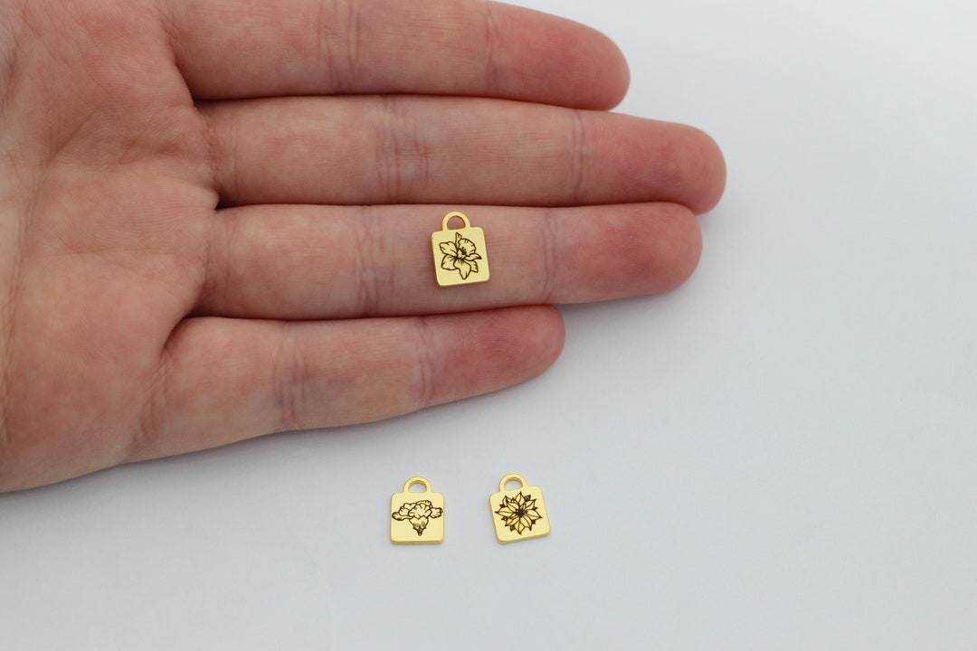 24K Gold Engraved Birth Flower Charm, Birth Month Flower Pendant ...