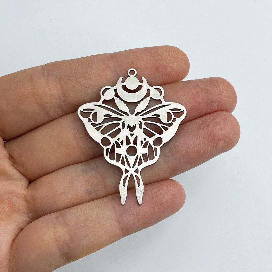 Stainless Steel Moth Charm, Moth Pendant, Crescent Moon Moth Charm ...