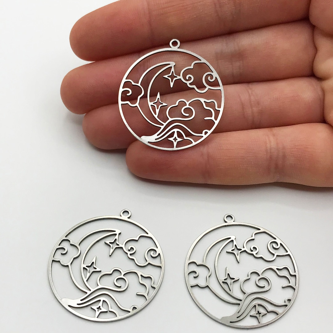 2pcs Stainless Steel Cloud Crescent Moon Stars Earring Charm Pendant, Round Crescent Cloud Wind ...