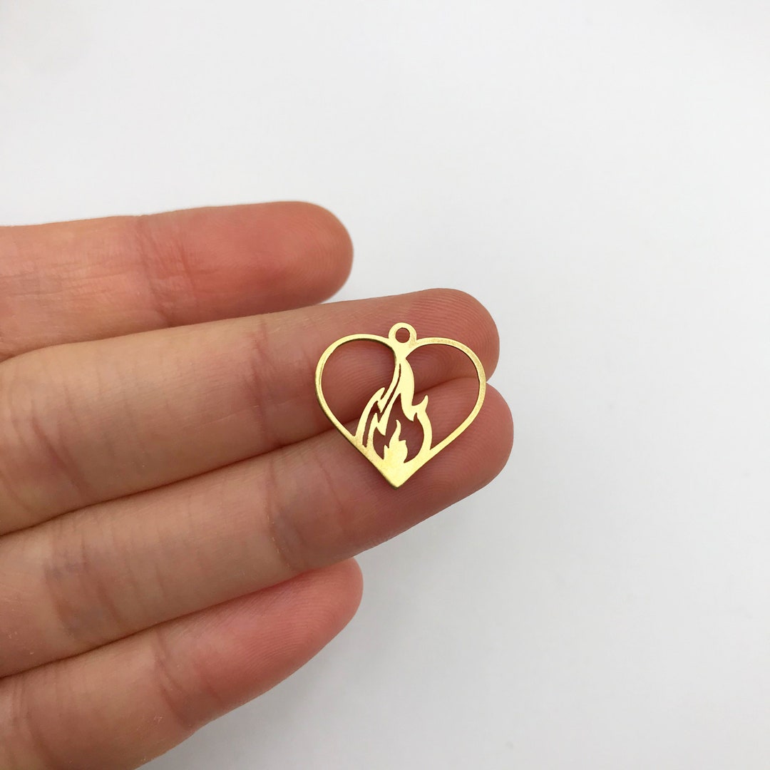 6pcs Raw Brass Heart on Fire Charm, Flaming Heart Charm Pendant, Sacred ...