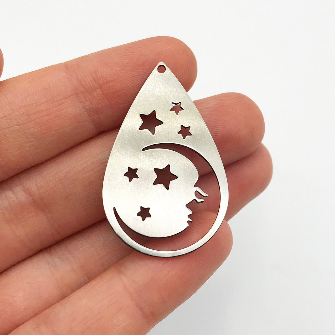 6pcs Stainless Steel Crescent Moon Face Charm Pendant, Drop Shaped Moon and Stars Face Earring ...
