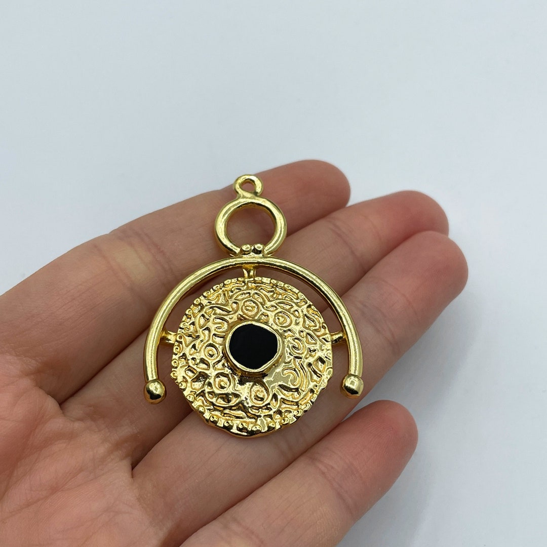Gold Plated Large Round Pendant, Gold Enamel Geometric Necklace Pendant ...
