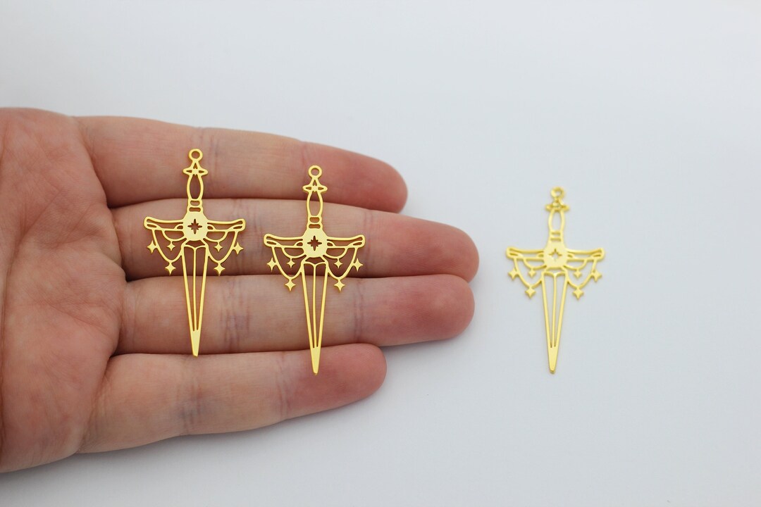 24k Shiny Gold Plated Sword Charm, Sword Pendant, Brass Knife Charm ...