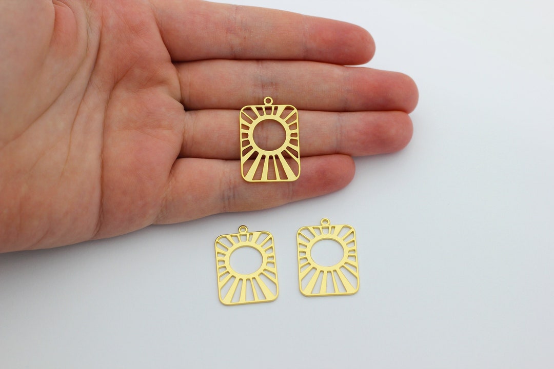 24k Shiny Gold Plated Rectangle Sun Charm, Geometric Sun Pendant ...