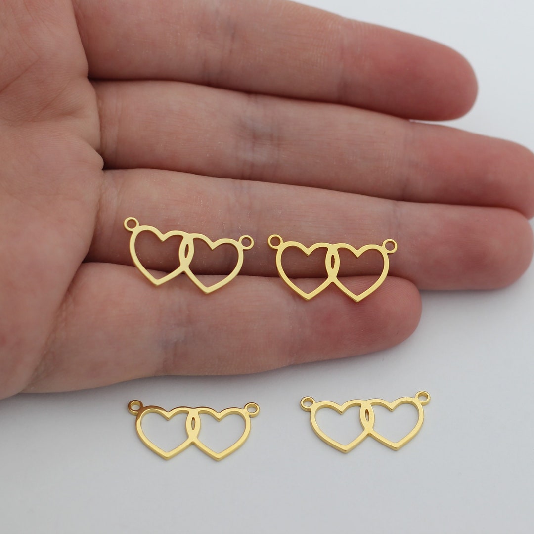 24k Shiny Gold Plated Double Heart Charm With 2 Loops, Gold Heart ...