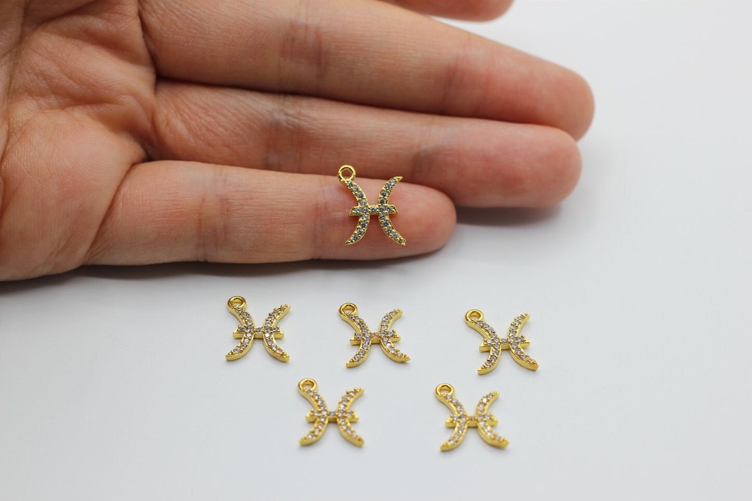 24k Shiny Gold Plated CZ Zodiac Signs Charms, Pisces Charm, Astrology ...
