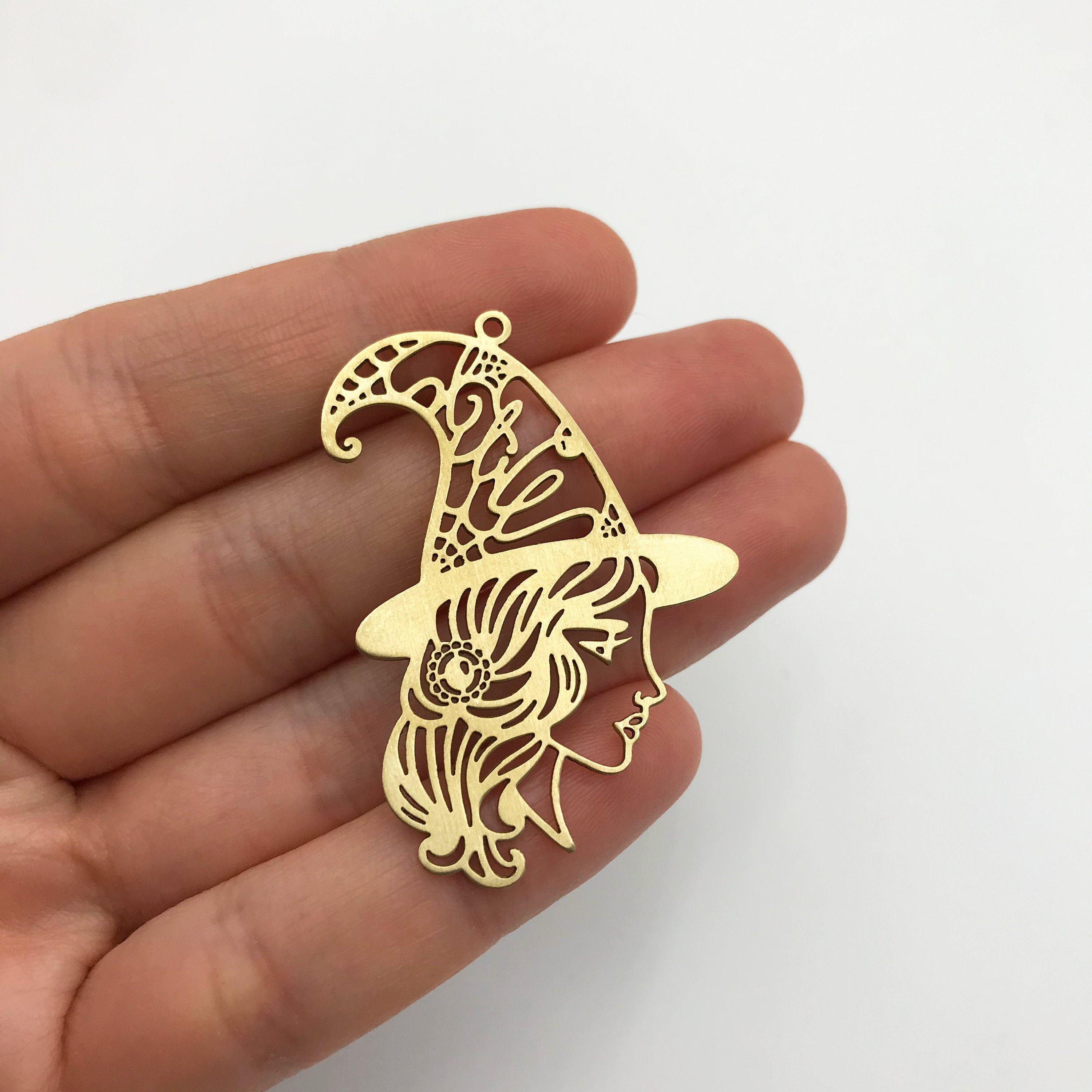 Raw Brass Witch Charm, Witch Pendant, Witch Hat Charm, Witch Girl Face ...