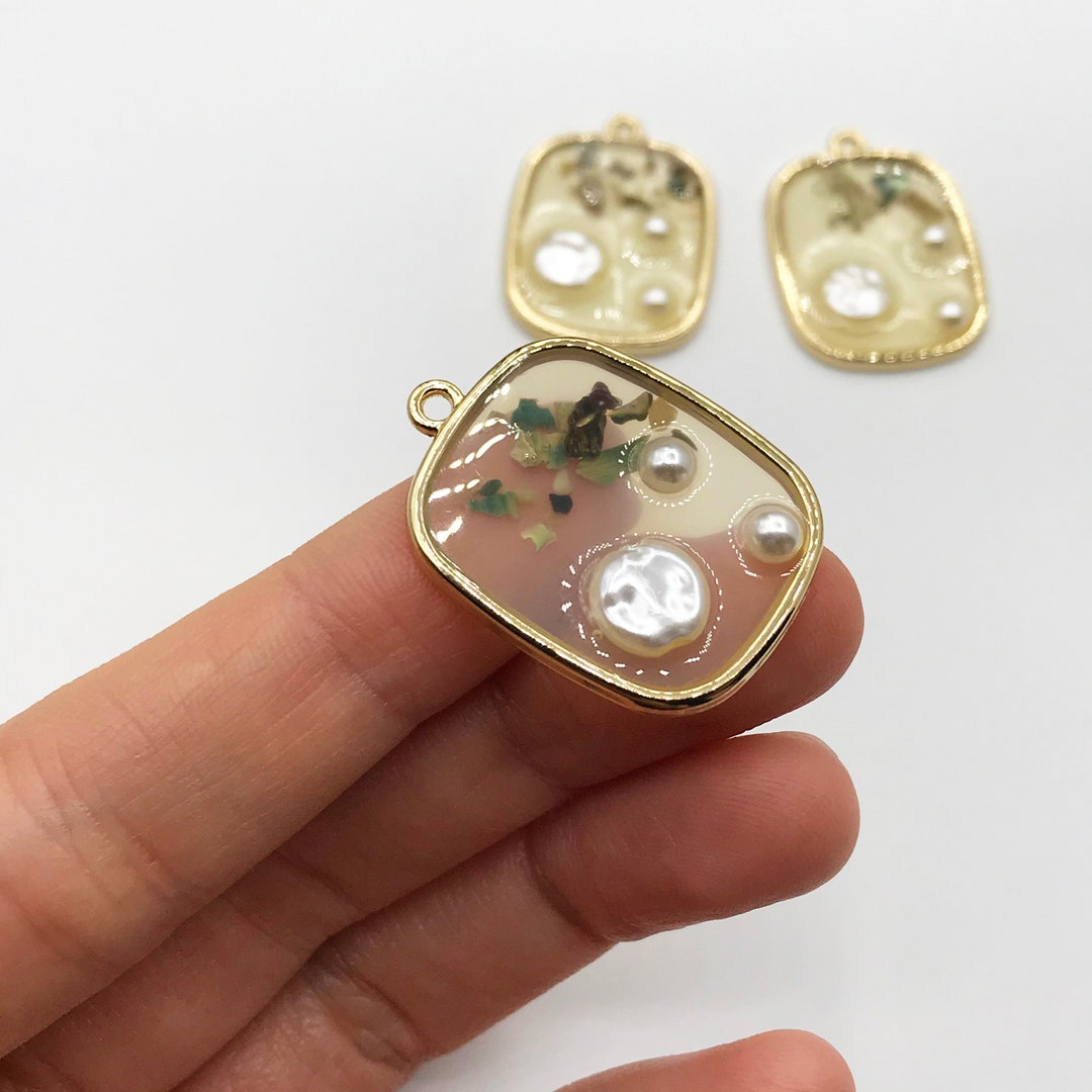 Shiny Gold Plated Rectangle Clear Epoxy Resin Charm With Faux Pearls ...