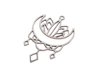 Stainless Steel Crescent Moon Lotus Charm, Steel Lotus Charm, Crescent Moon Pendant, Earring ...