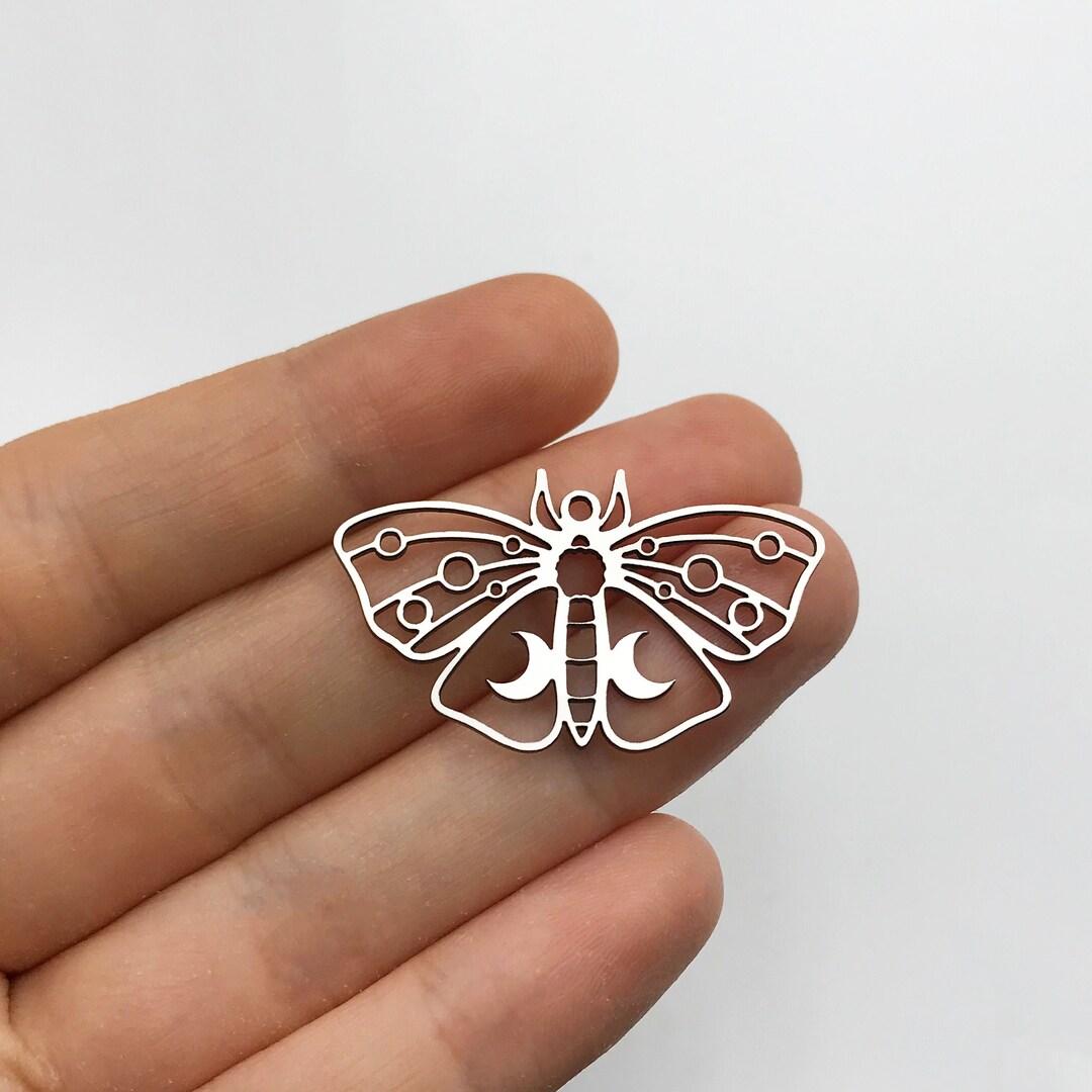 2pcs Stainless Steel Moth Charm, Moth Pendant, Crescent Moon on Moth ...