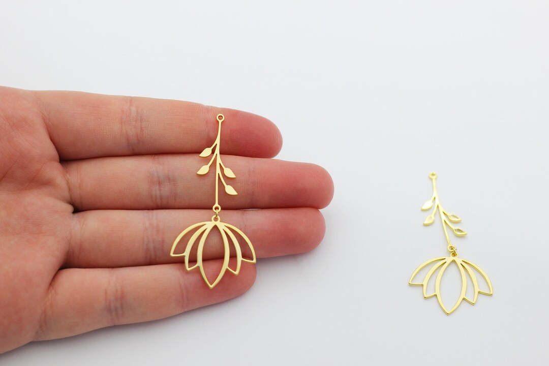 24K Shiny Gold Plated Flower Lotus Earring Charm Pendant, Two-piece ...