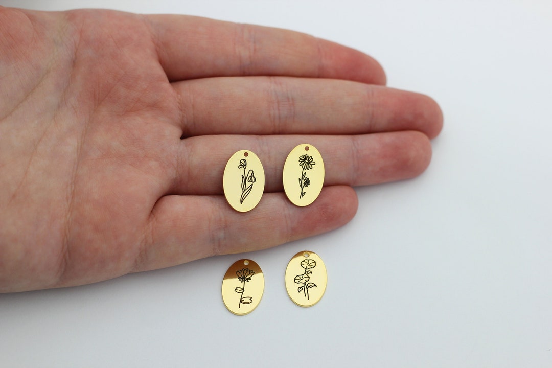 24K Engraved Birth Flower Necklace Charm, Gold Oval Disc Necklace ...