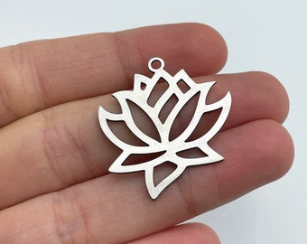 Stainless Steel Crescent Moon Lotus Charm, Steel Lotus Charm, Crescent Moon Pendant, Earring ...