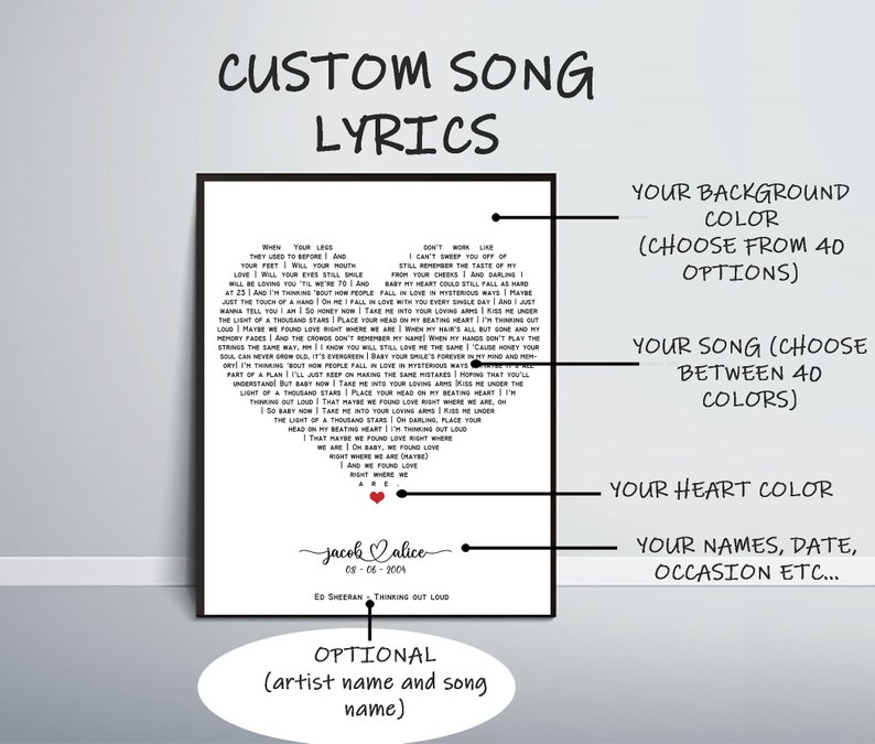 Custom Song Lyrics Print Heart Shape, Personalized Lyrics, Mother Day ...