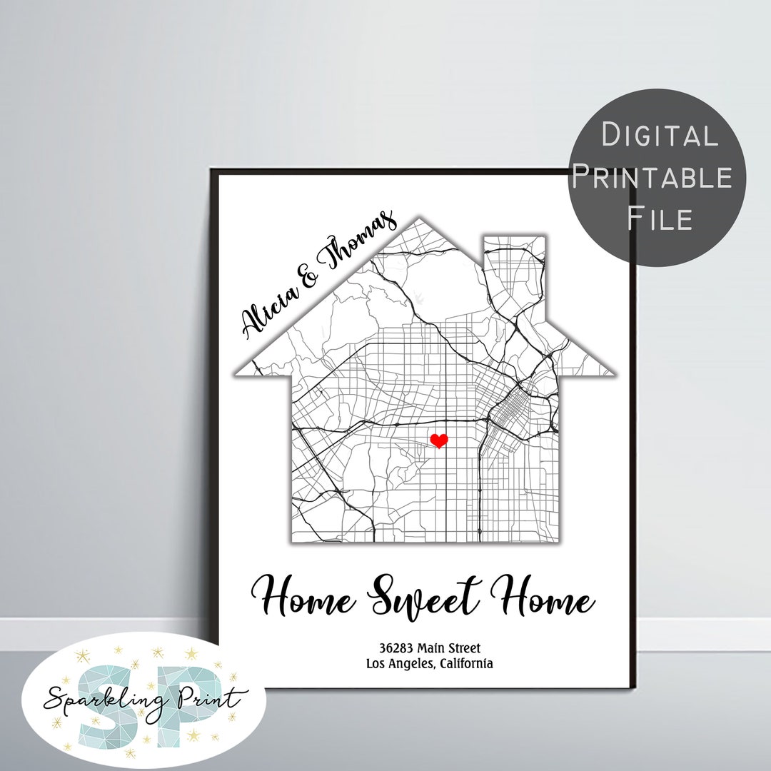 First New Home Gift for Couple, Custom House Shaped Map, City Map Print ...