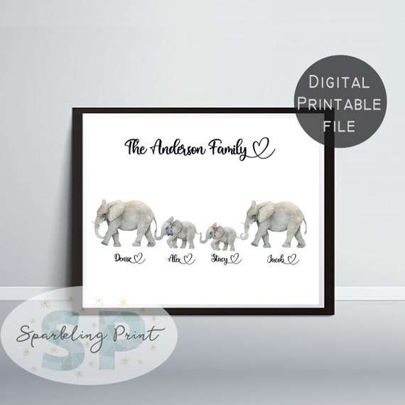 Elephant Family Custom Name Print Personalized Family | Etsy