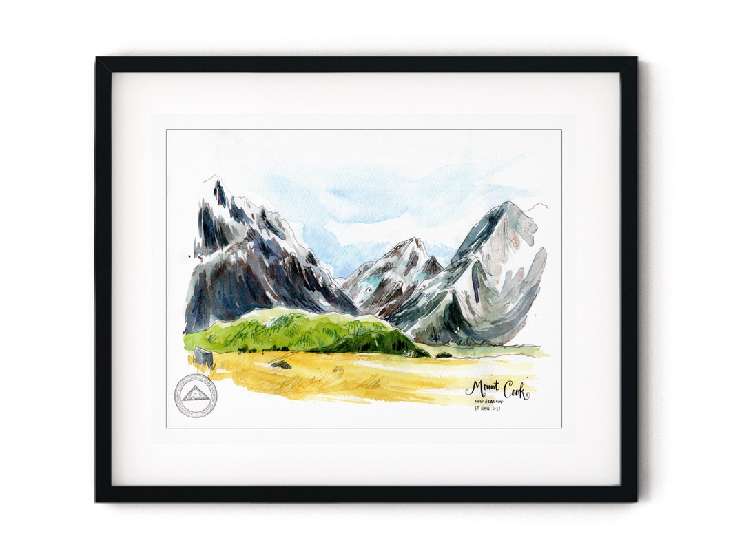 Aoraki Mount Cook New Zealand Watercolor Print, NZ Nature Landscape ...