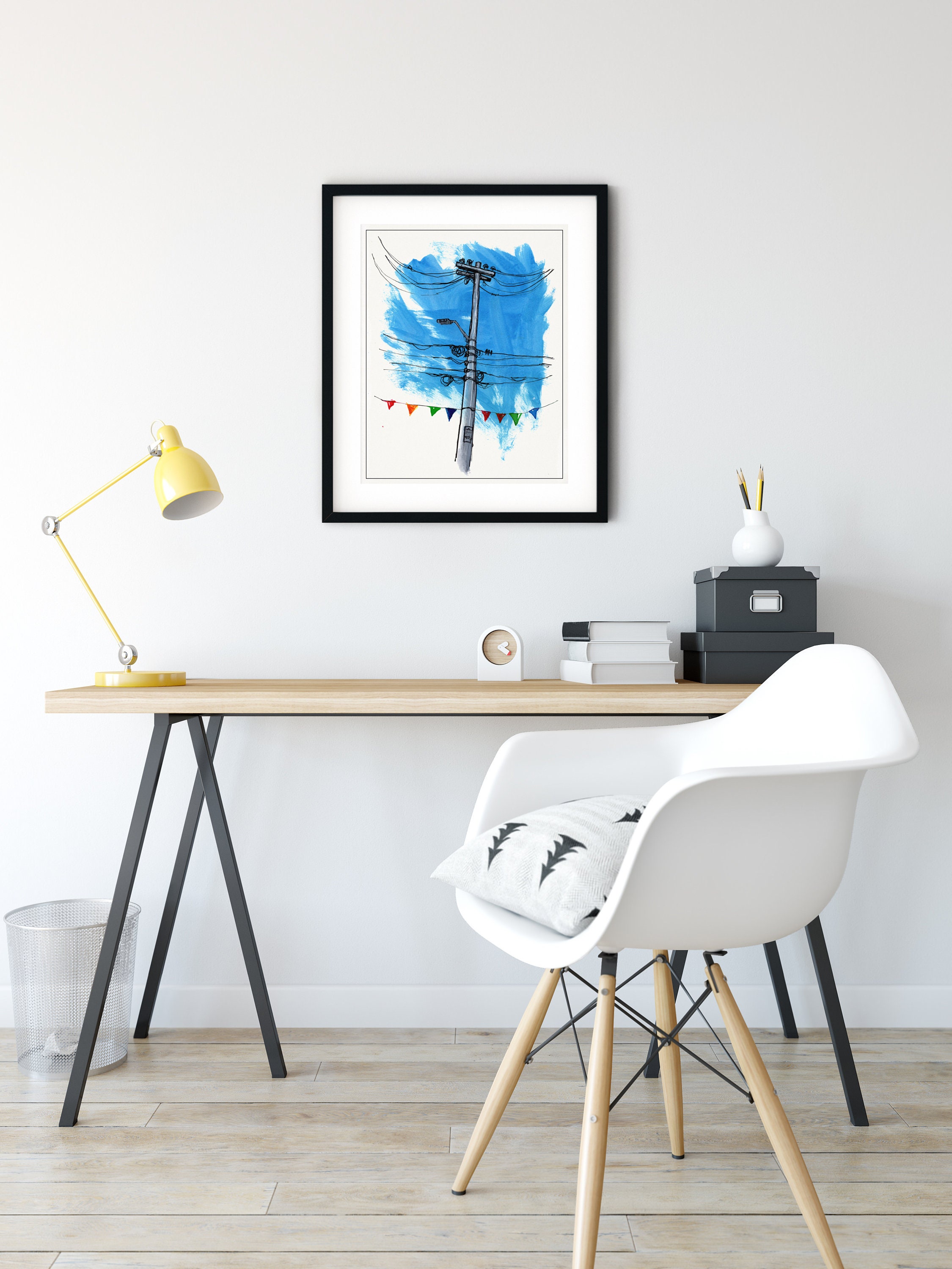 Power Lines Art Print With Flags Colorful Flags, Electrician Gift ...