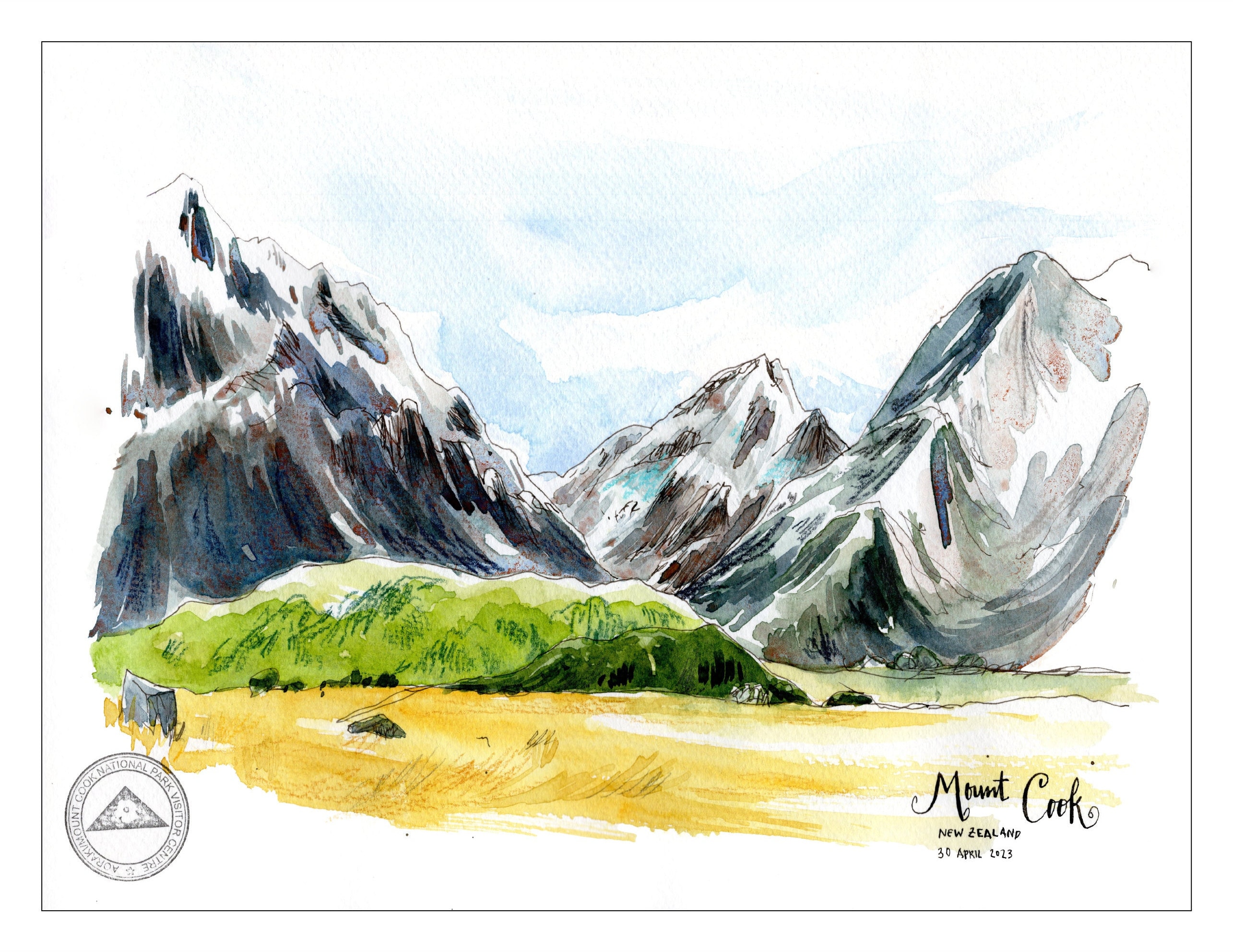 Aoraki Mount Cook New Zealand Watercolor Print, NZ Nature Landscape ...