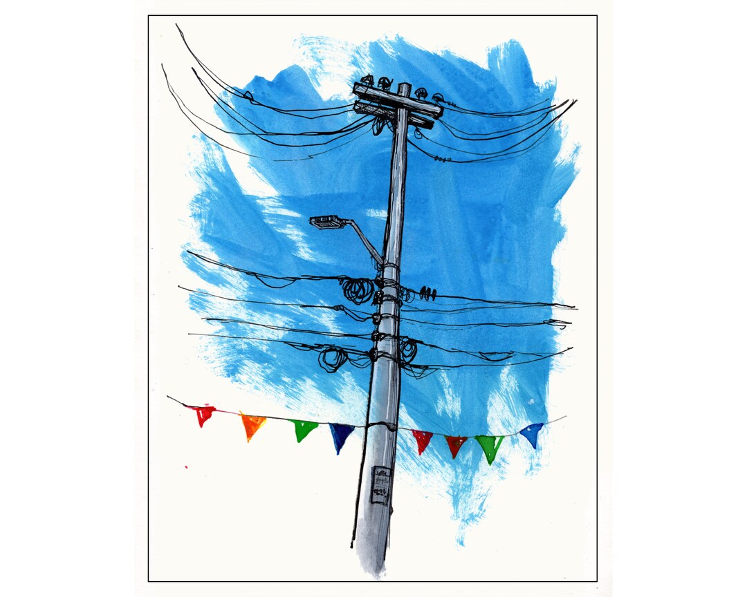 Power Lines Art Print With Flags Colorful Flags, Electrician Gift ...
