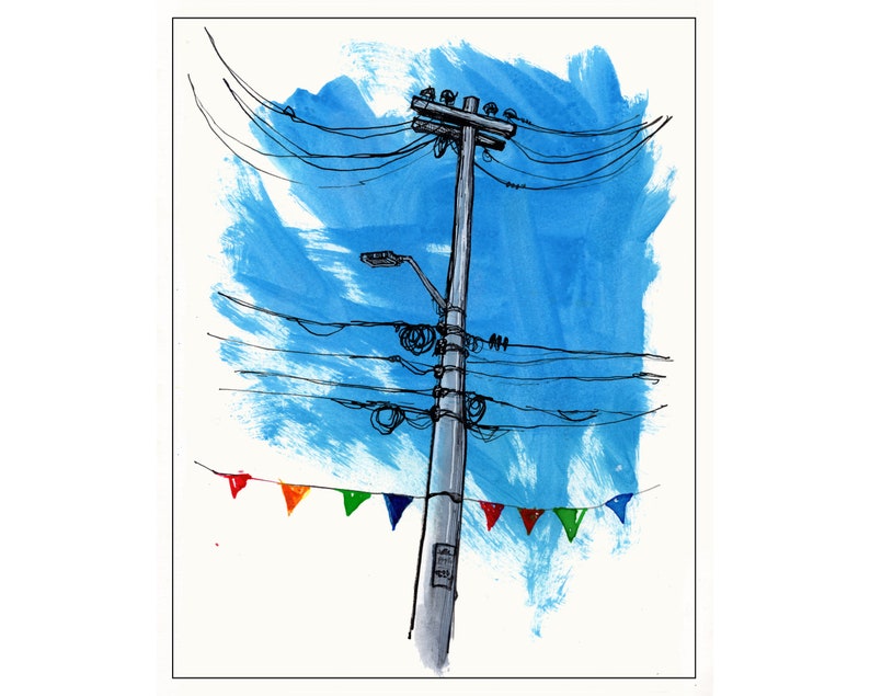 Power Lines Art Print With Flags Colorful Flags, Electrician Gift ...