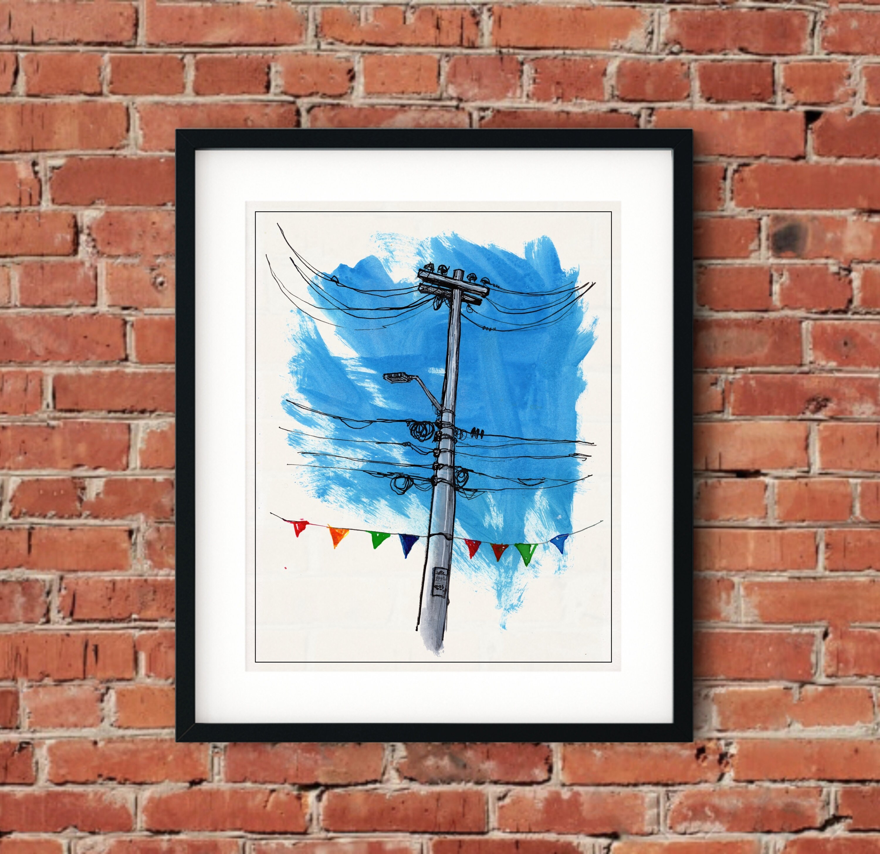 Power Lines Art Print With Flags Colorful Flags, Electrician Gift ...