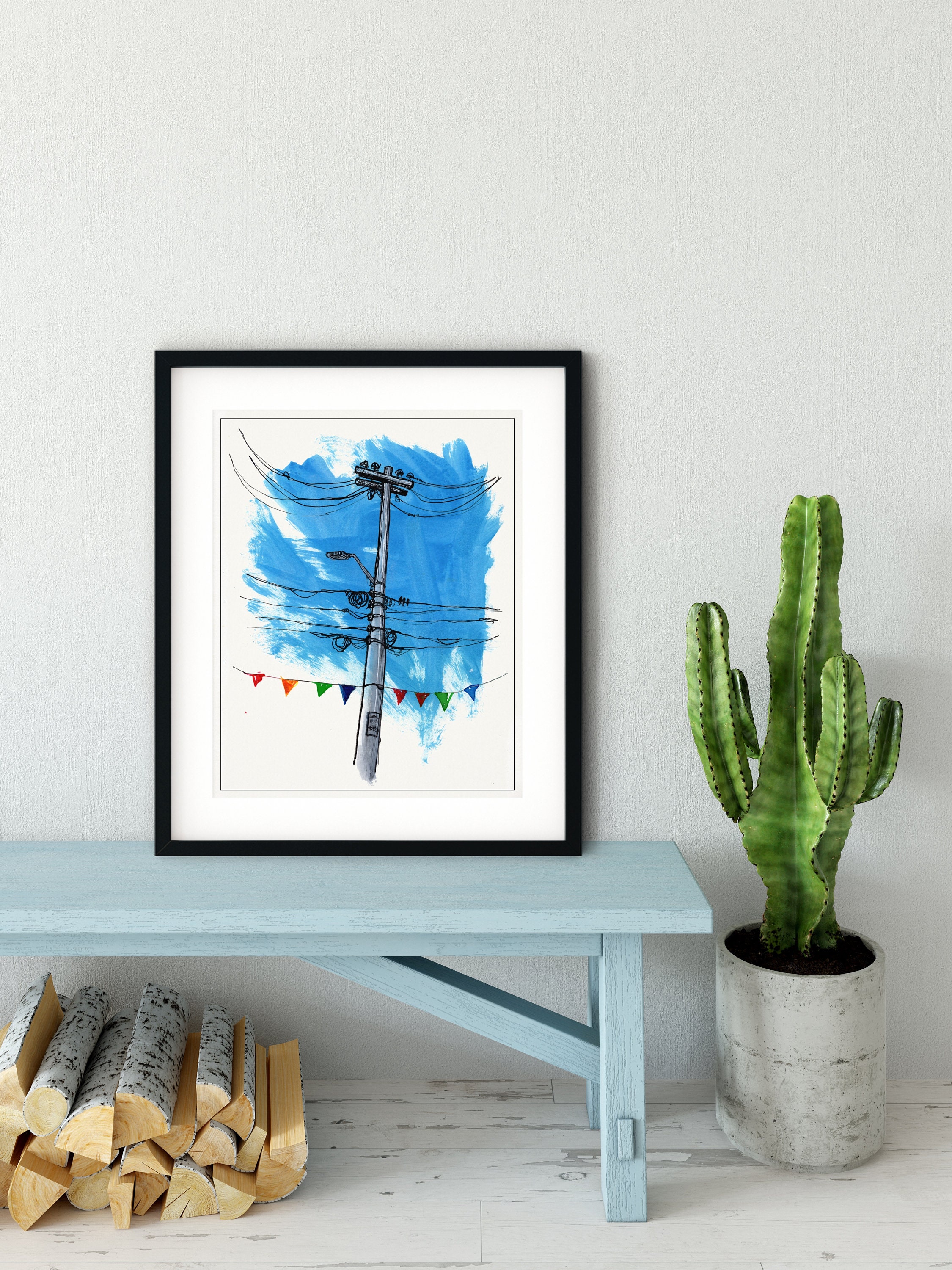 Power Lines Art Print With Flags Colorful Flags, Electrician Gift ...
