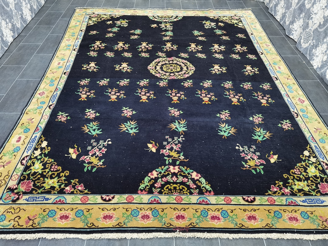 Black Floral Vintage Oushak Area Rug 8.26x11.08, Black Antique Turkish ...