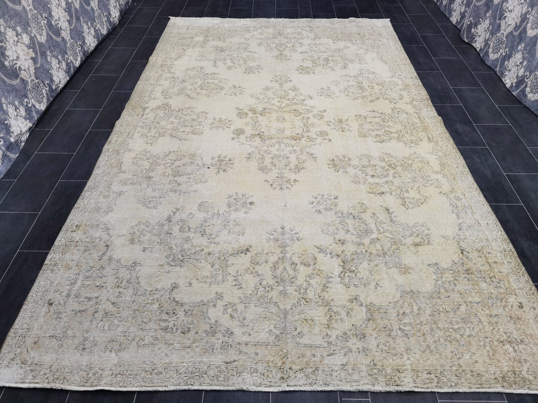 Vintage Neutral Rug 7.48'x11.64' Cream Oushak Rug, Area Rug, Muted Wool ...