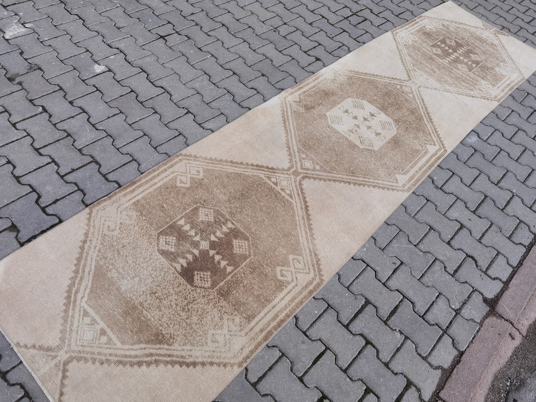 Vintage Neutral Rug 3' X 12.6' Neutral Oushak Rug, Turkish Runner Rug ...