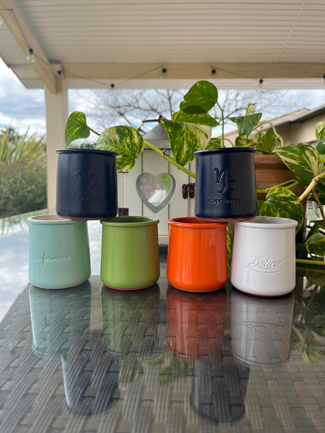 French La Fermière and Cermer Yoghurt Pots, Glazed Terracotta Pots. Set ...