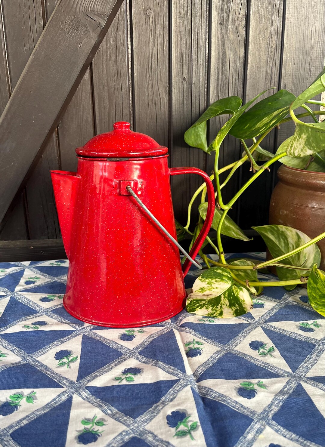 Vintage Enamel Coffee Pot. Red Enamel Lidded Coffee Pot, Canister ...