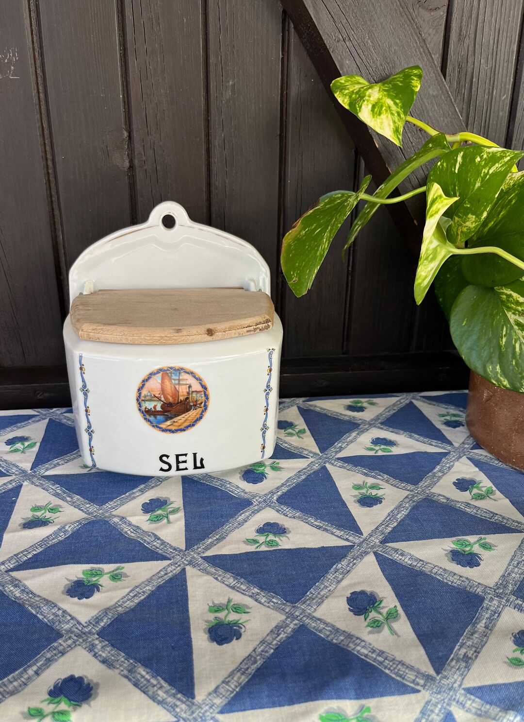 Large Vintage French Ceramic Salt Box With Wooden Lid. Salt Pot. Rustic ...