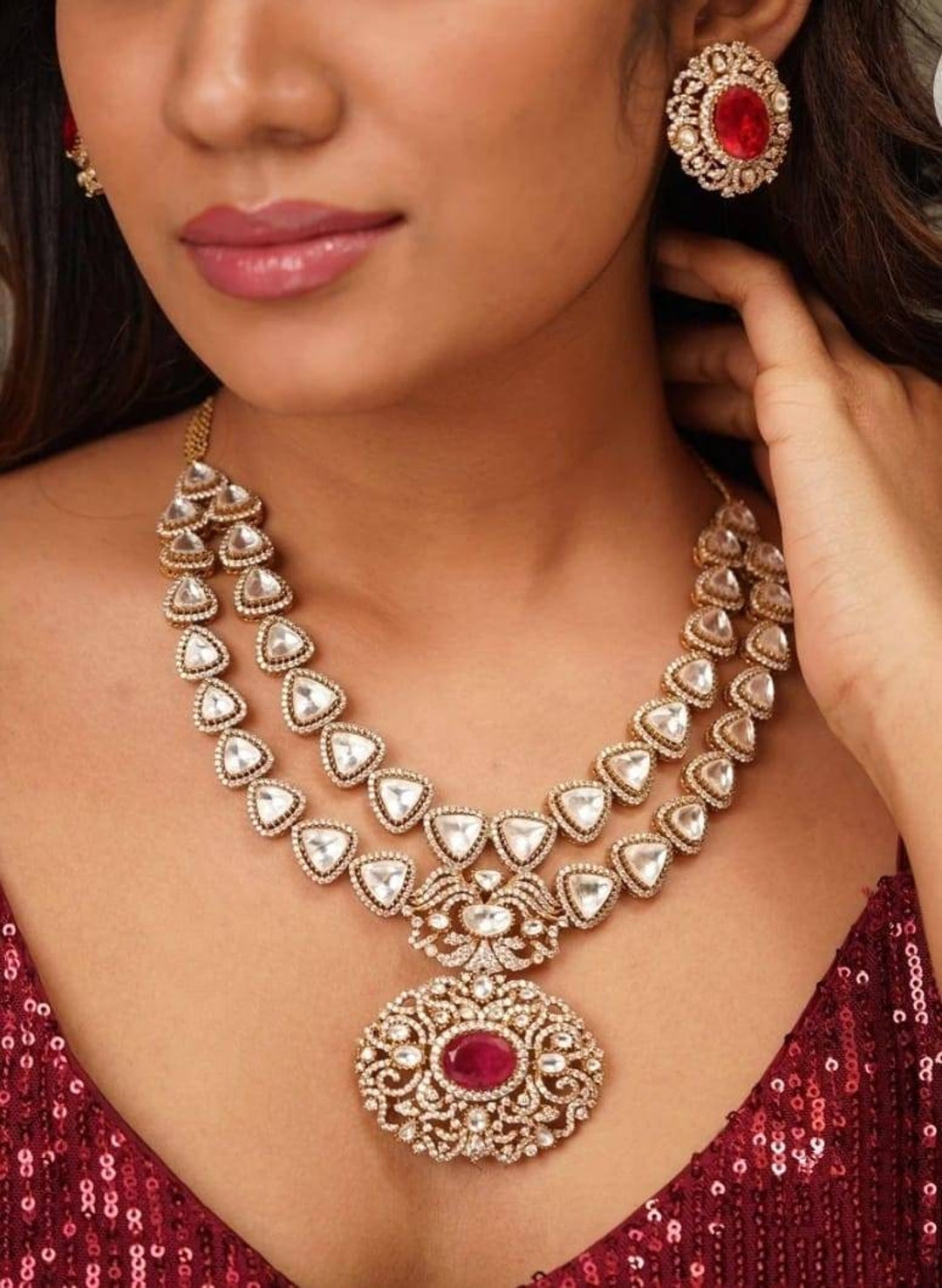 Fine Quality Tyaani Inspired Dull Gold Ruby Red Green Kundan Zirconium ...