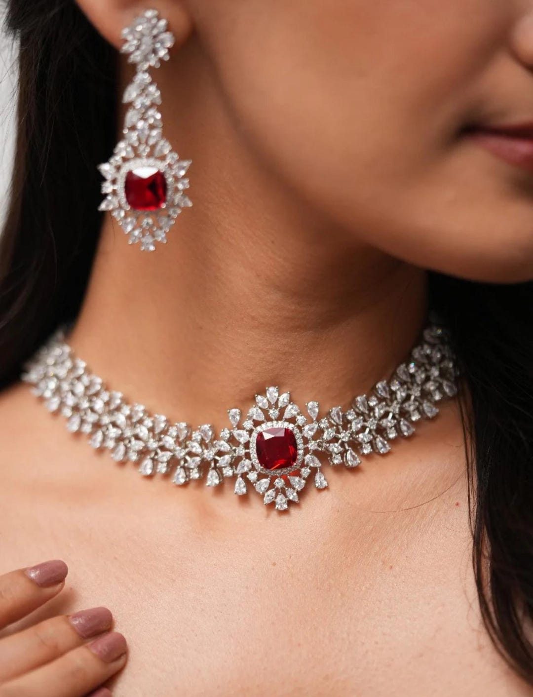 Unique Ruby Red CZ Diamond Necklace American Diamond Necklace Indian ...