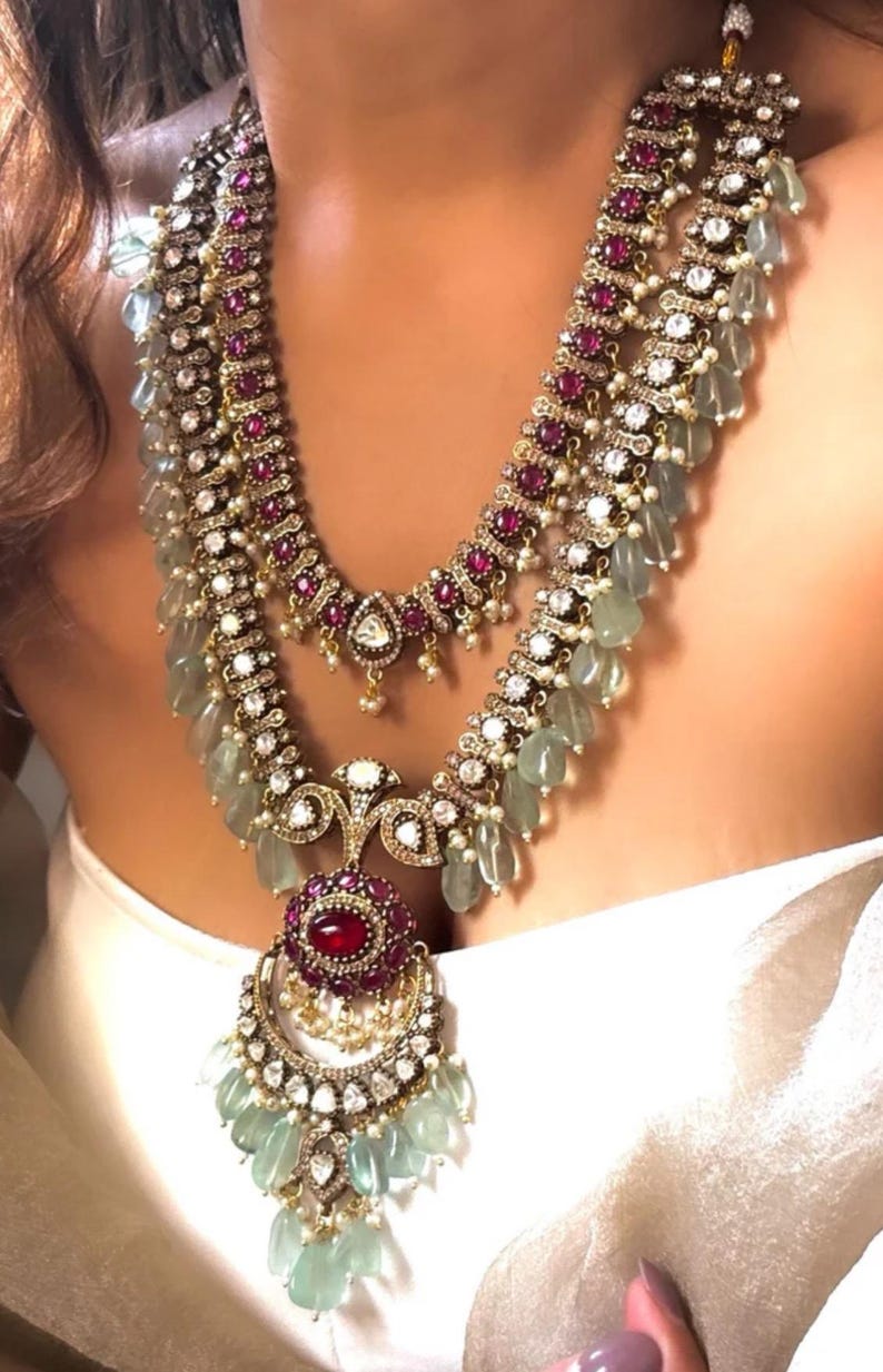 Royal Sabyasachi Inspired Ruby Red Emerald Green Two Layered Pendant ...