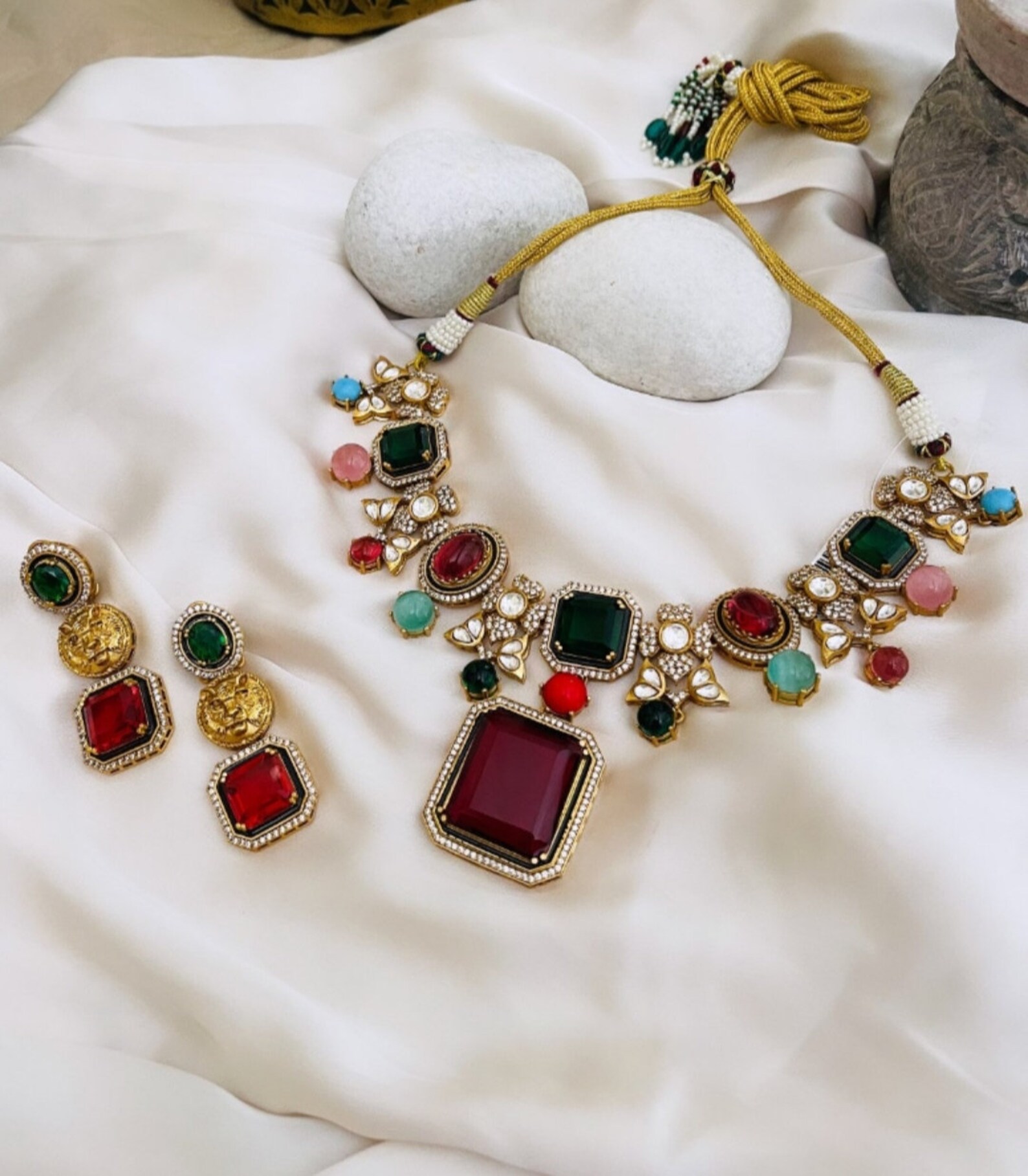 Premium Sabyasachi Inspired Matt Dull Gold Plated Ruby Red Multicolor ...