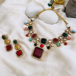 Premium Sabyasachi Inspired Matt Dull Gold Plated Ruby Red Multicolor ...