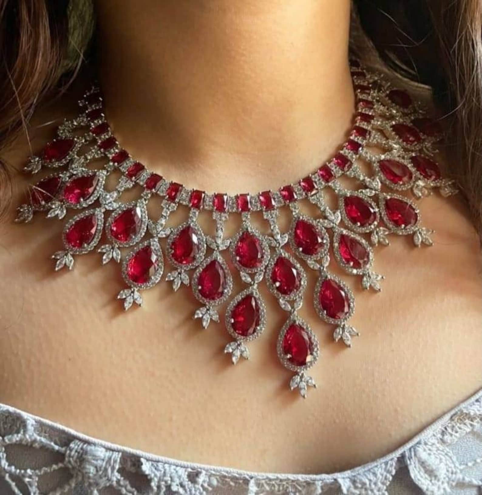Ruby Red CZ Choker Necklace Set, Platinum Plated Bridal Jewelry - Etsy