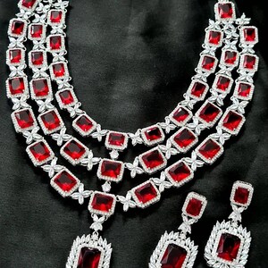 Long Classy Layered Ruby Red Cubic Zirconia Emerald Necklace/earrings ...