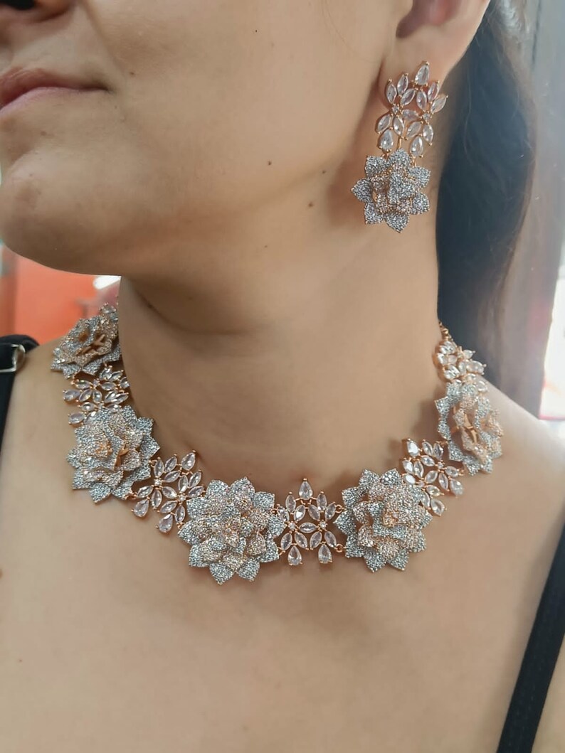 Handmade Rose Gold Flower Necklace & Earrings Set, CZ Pave Choker - Etsy