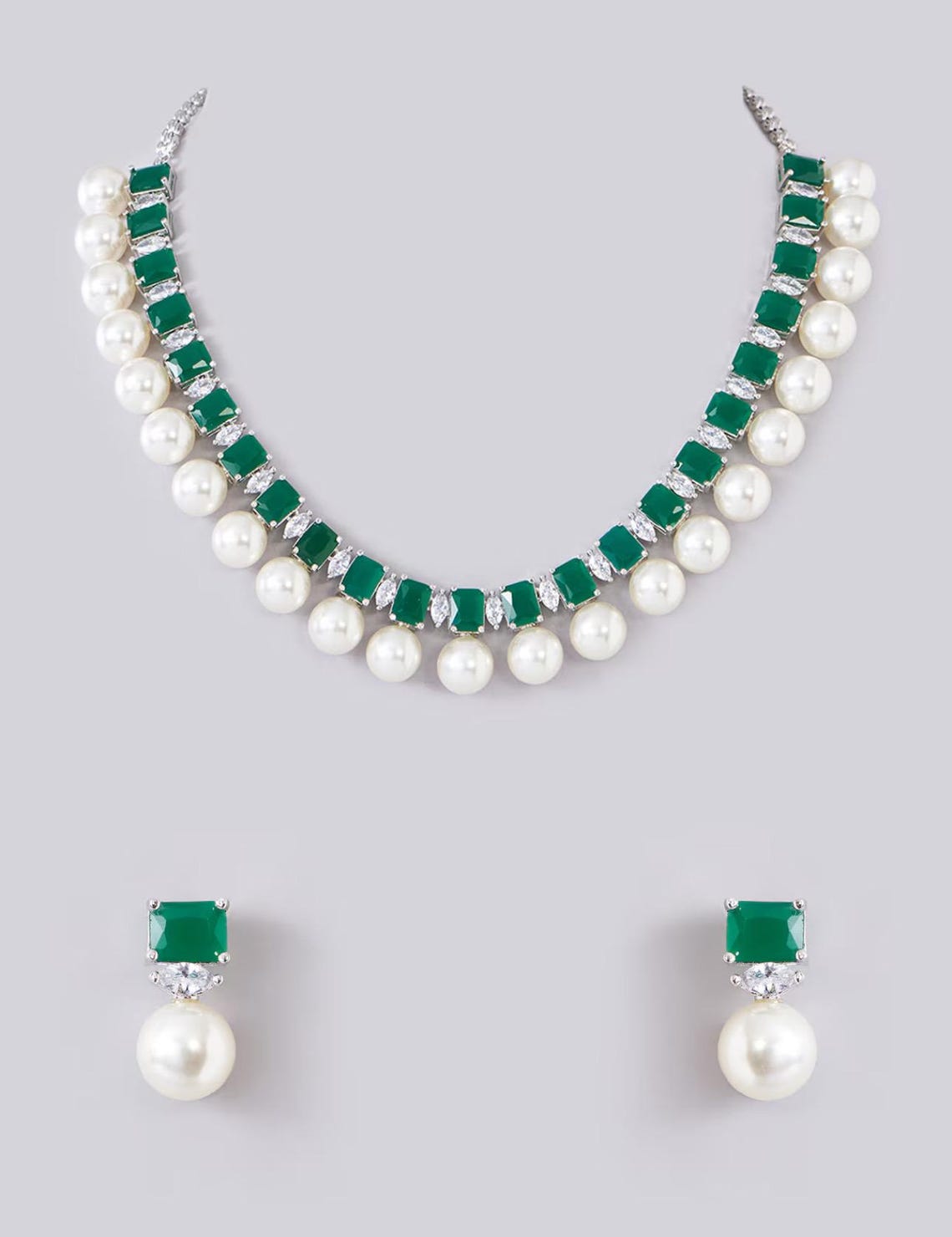 Emerald Pearl Necklace Set, Cubic Zirconia, Statement Jewelry - Etsy